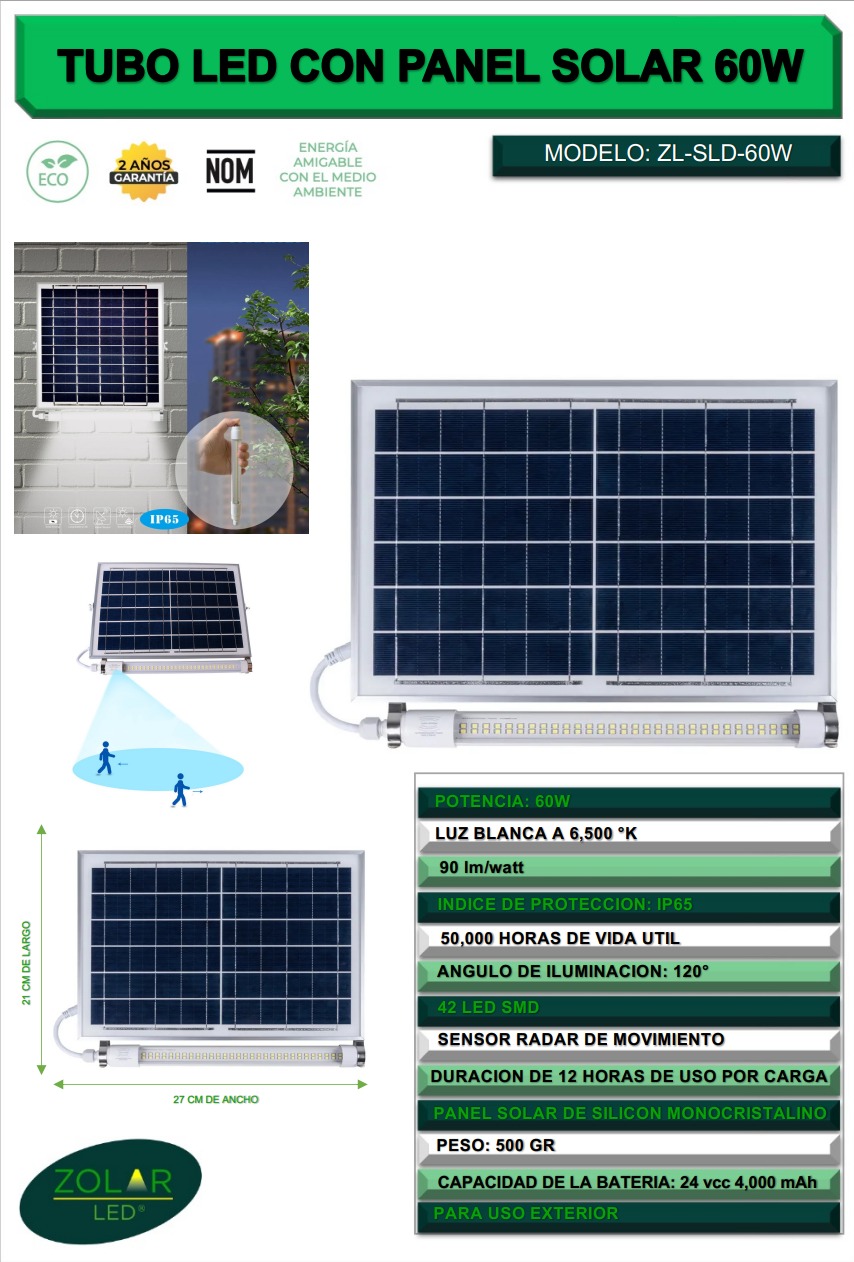 Panel solar con tubo de led Modelo ZL-SLD-60W - Lámparas Solares ...
